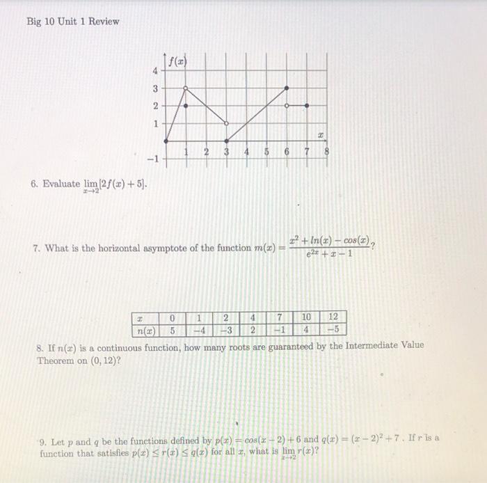 Solved Big 10 Unit 1 Review 4 3 1 2 3 4 5 8 -1 6. Evaluate | Chegg.com