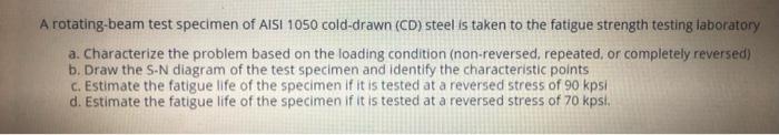Solved A rotating-beam test specimen of AISI 1050 cold-drawn | Chegg.com