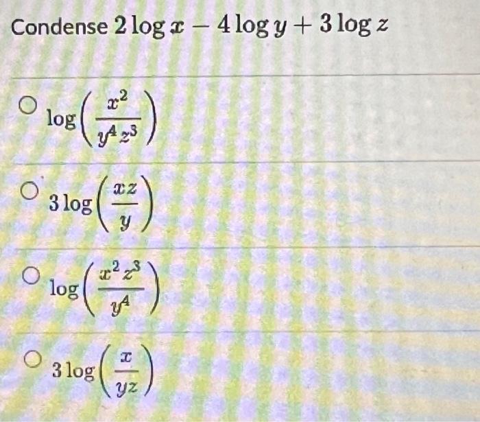 Solved Condense 2logx−4logy+3logz | Chegg.com
