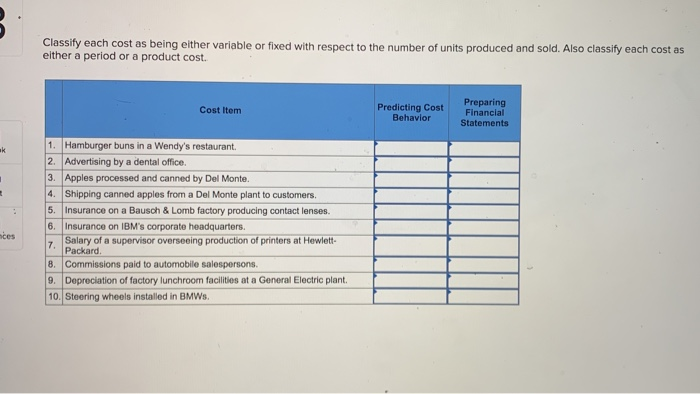 Solved Classify each cost as being either variable or fixed | Chegg.com