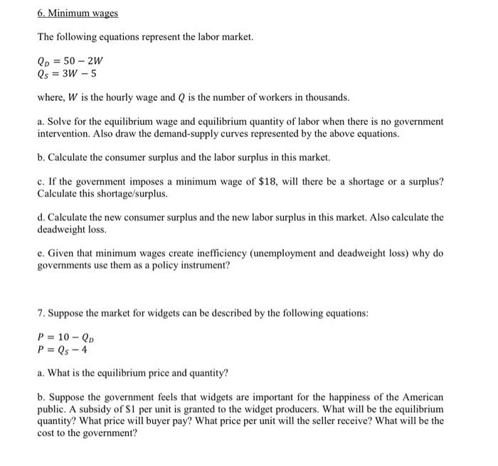 Solved 6. Minimum wages The following equations represent | Chegg.com
