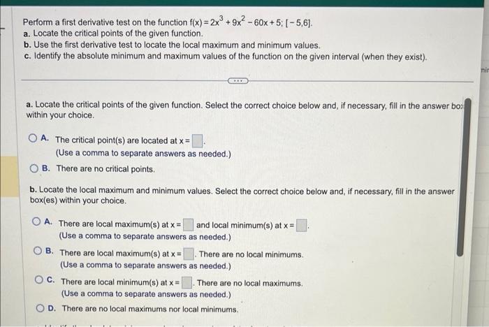 Solved Perform a first derivative test on the function | Chegg.com
