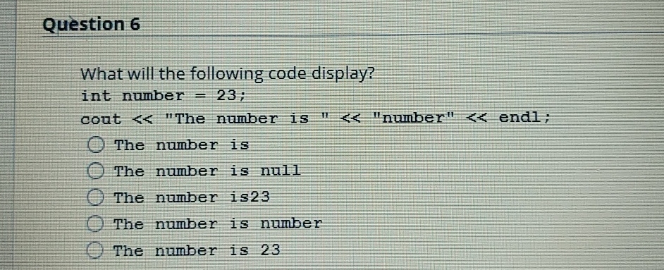 Question 6What will the following code display?int | Chegg.com