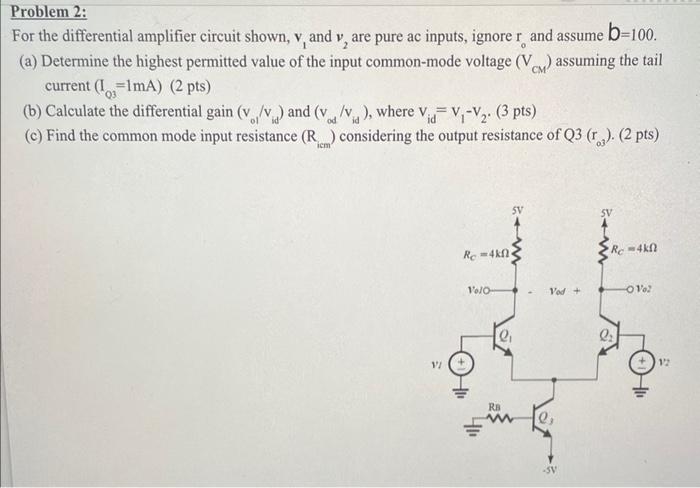 Solved For the differential amplifier circuit shown, v1 and | Chegg.com