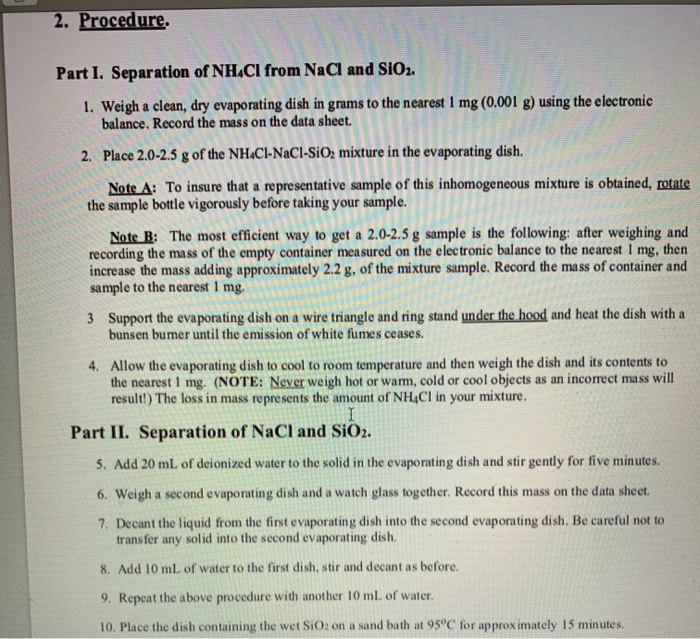 Solved 2. Procedure. Part I. Separation of NH4Cl from NaCl | Chegg.com