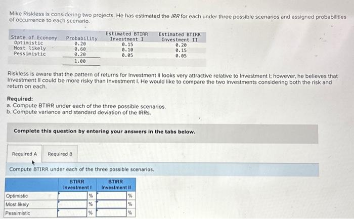 Solved Mike Riskless is considering two projects. He has | Chegg.com