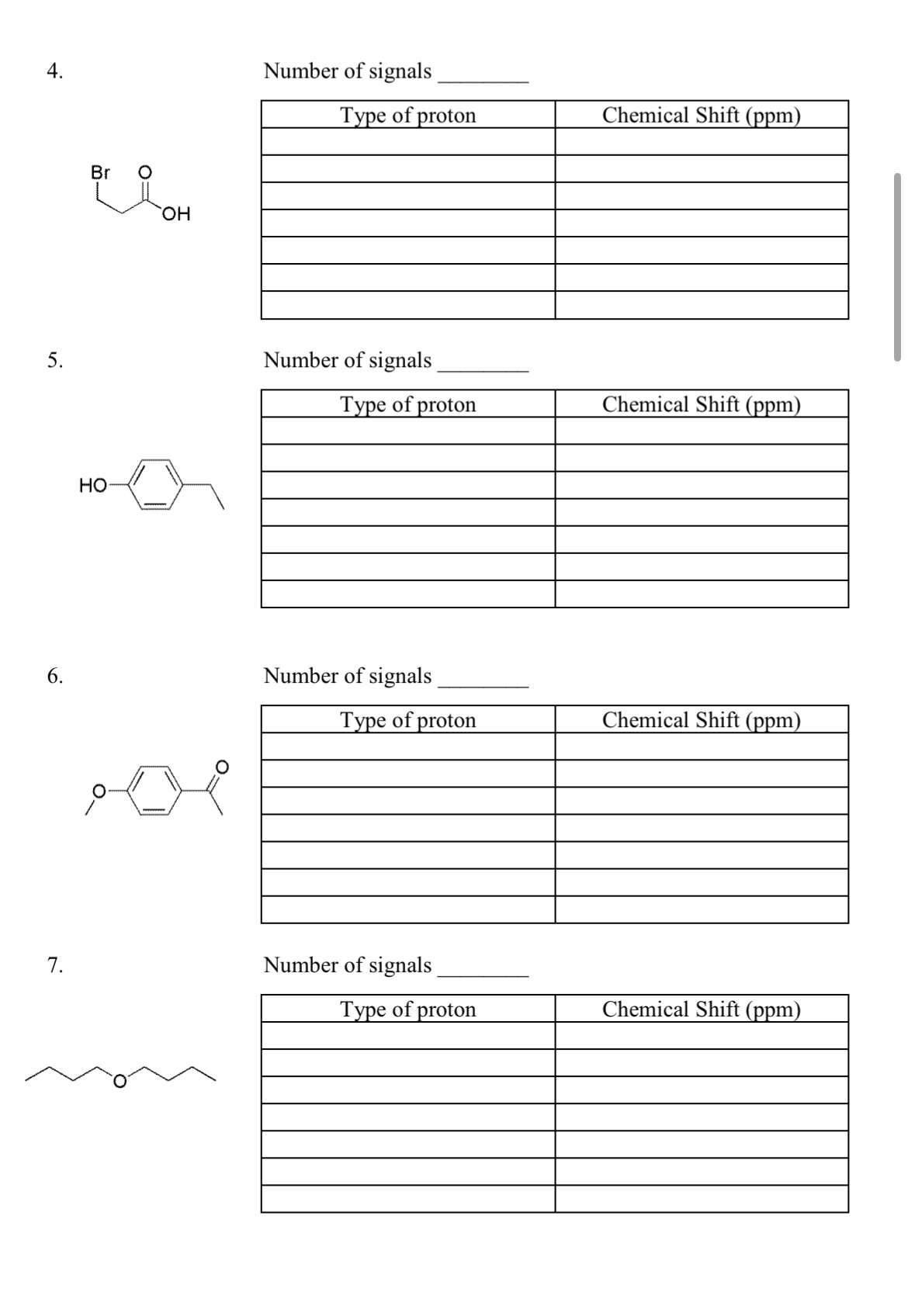 Solved Number of signals\table[[Type of proton,Chemical | Chegg.com