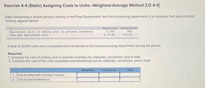Solved Exercise 4-4 (Static) Assigning Costs to | Chegg.com Solved Exercise 4-4 (Static) Assigning Costs to | Chegg.com