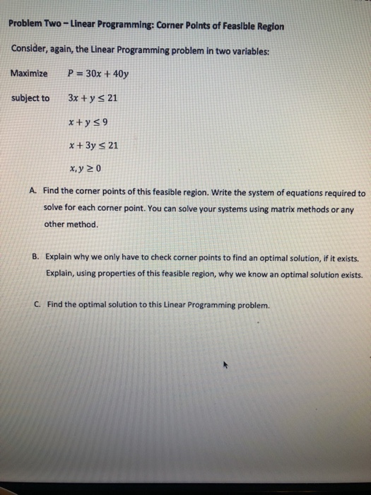 Solved Problem Two - Linear Programming: Corner Points of | Chegg.com