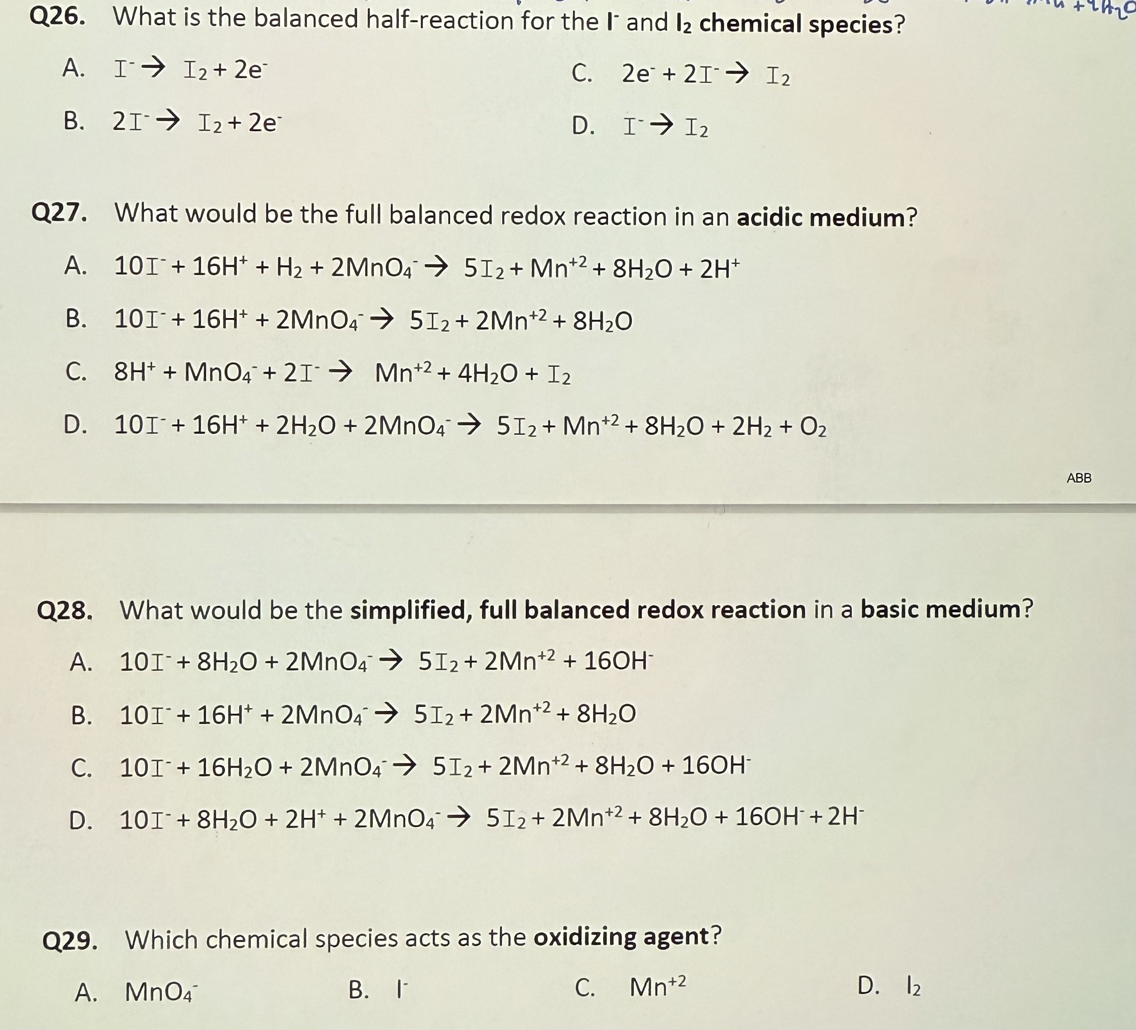 Q26. ﻿What is the balanced half-reaction for the | Chegg.com