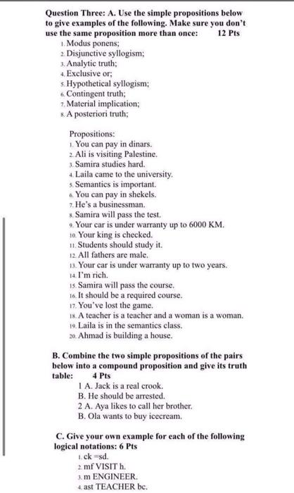 Question Three: A. Use the simple propositions below | Chegg.com