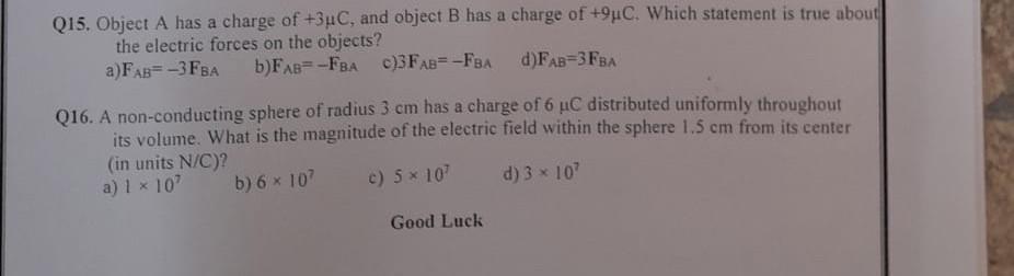 Solved Q15. Object A has a charge of +3μC, and object B has | Chegg.com