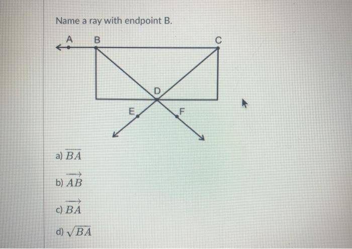 Solved Name a ray with endpoint B. А B с D E F a) BA b) AB | Chegg.com