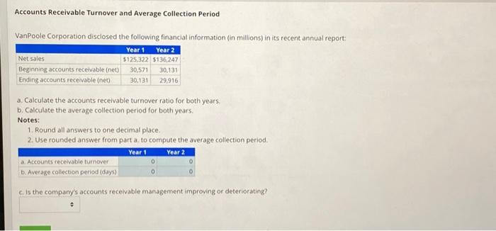 Solved Accounts Receivable Turnover and Average Collection | Chegg.com