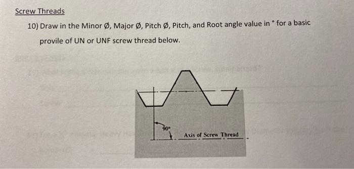 Solved Screw Threads 10) Draw in the Minor Ø, Major Ø, Pitch | Chegg.com