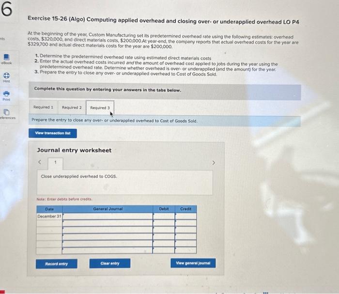 Solved Exercise 15-26 (Algo) Computing applied overhead and | Chegg.com