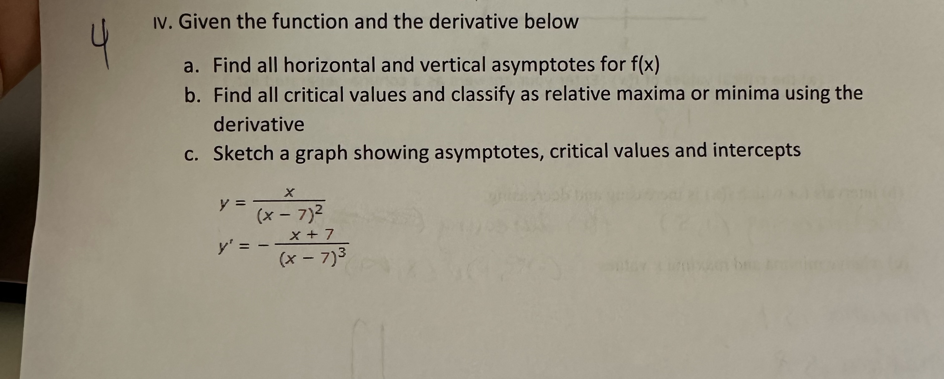 Solved IV. ﻿Given the function and the derivative belowa. | Chegg.com