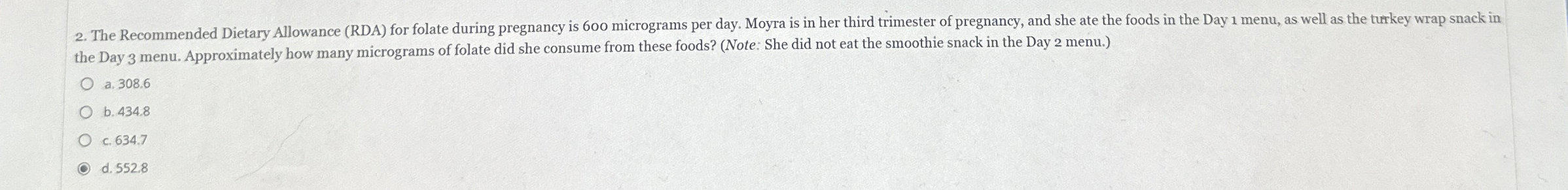 Solved The Recommended Dietary Allowance (RDA) ﻿for folate | Chegg.com