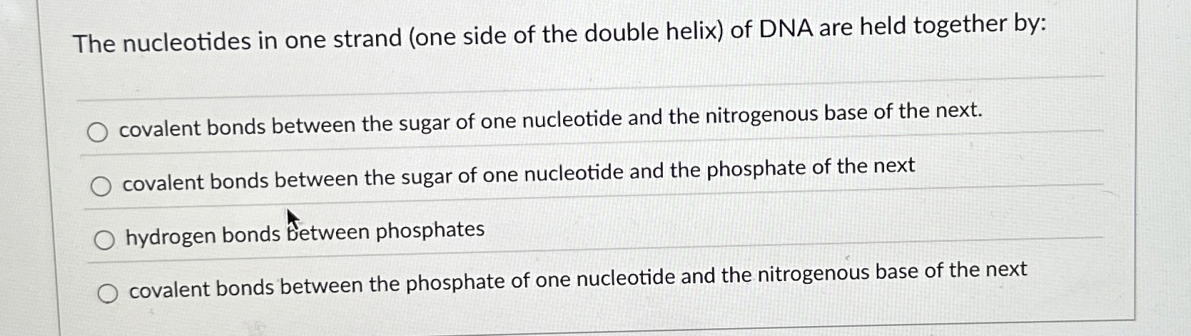 Solved The nucleotides in one strand (one side of the double | Chegg.com