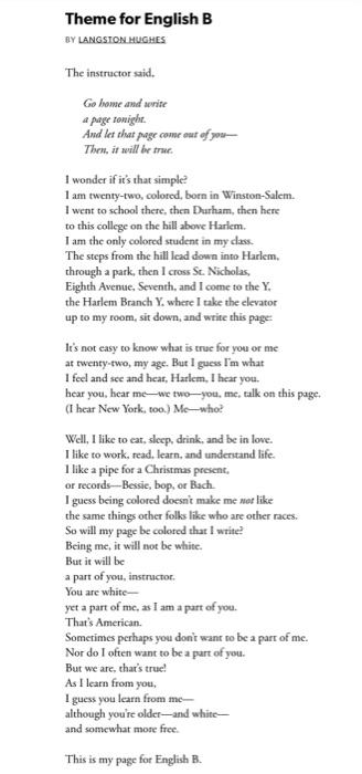 Solved THEME FOR ENGLISH B by Langston Hughes Answer the | Chegg.com