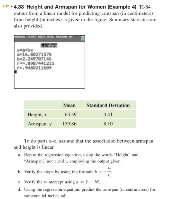 Solved TRY ***4.33 ﻿Height and Armspan for Women (Example 4) | Chegg.com