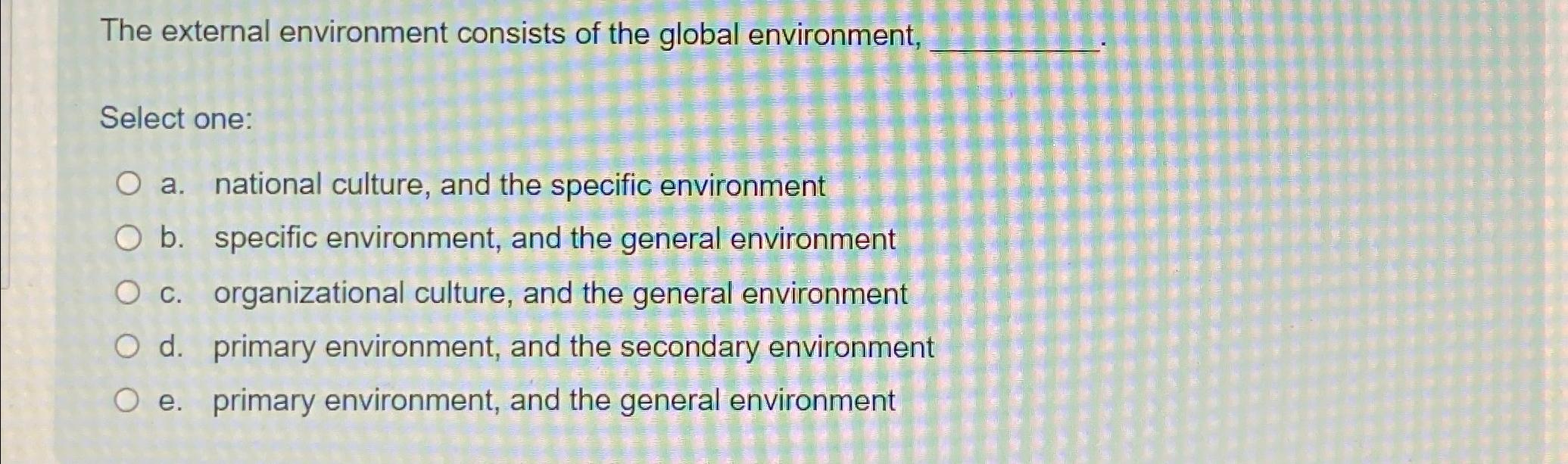 Solved The external environment consists of the global | Chegg.com
