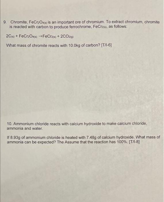 Solved 9. Chromite, FeCr2O4(s) is an important ore of | Chegg.com