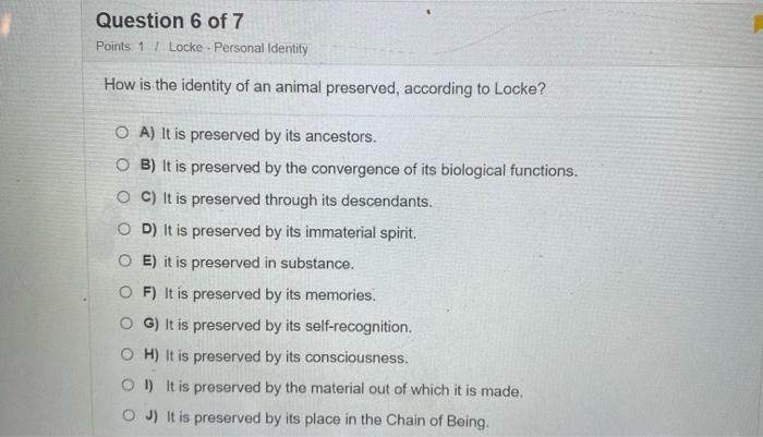Solved Question 6 of 7 Points 1 ! Locke - Personal Identity | Chegg.com