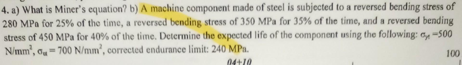 Solved 4. a) What is Miner's equation? b) A machine | Chegg.com