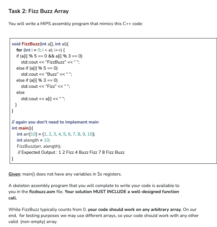 Task 2: Fizz Buzz ArrayYou will write a MIPS assembly | Chegg.com