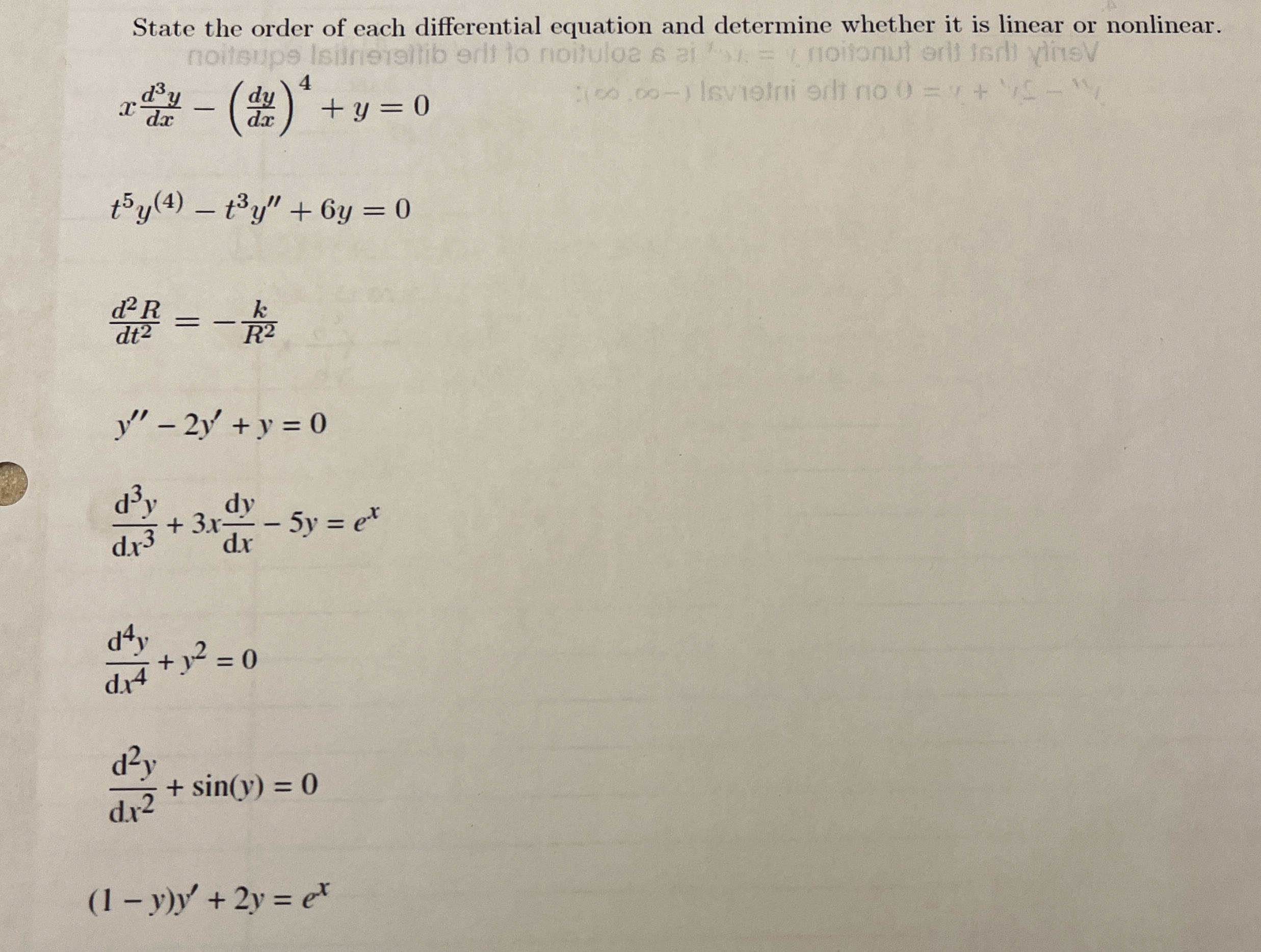 Solved State the order of each differential equation and | Chegg.com