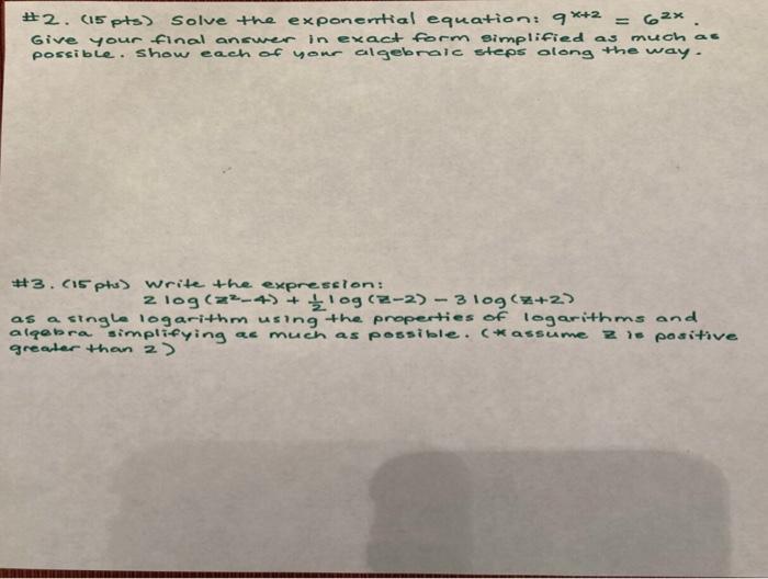 Solved = 62x #2. (15 pts) solve the exponential equation: 9 | Chegg.com