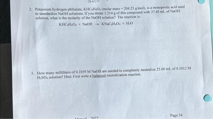 Solved 2. Potassium hydrogen phthalate, KHC8H4O4 (molar | Chegg.com