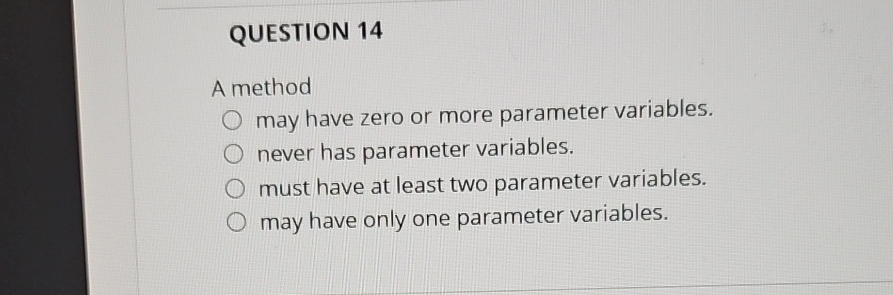Solved QUESTION 14A methodmay have zero or more parameter | Chegg.com