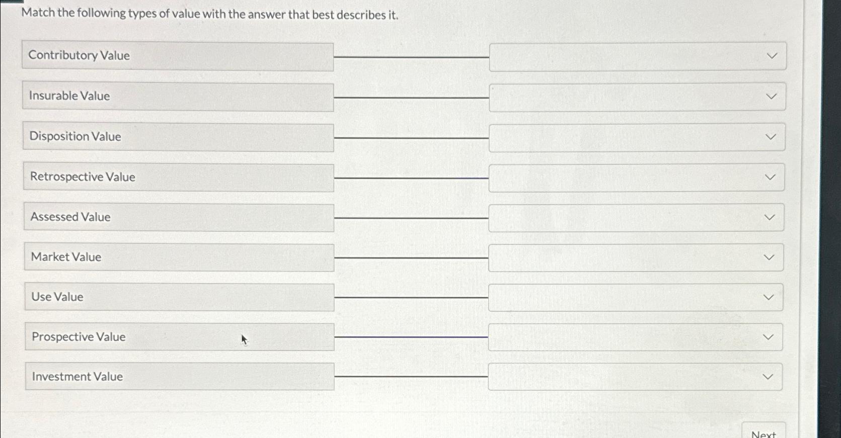 Solved Match the following types of value with the answer | Chegg.com