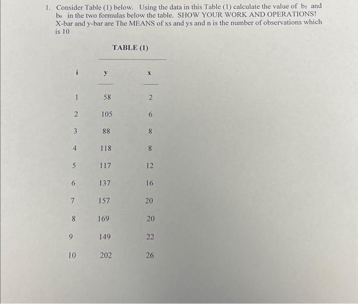 Solved 1. Consider Table (1) below. Using the data in this | Chegg.com