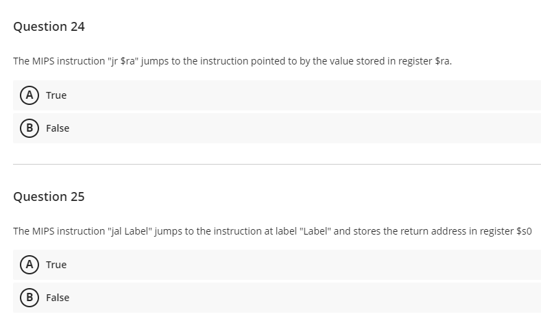 Solved Question 24The MIPS instruction "jr $ra" ﻿jumps to | Chegg.com