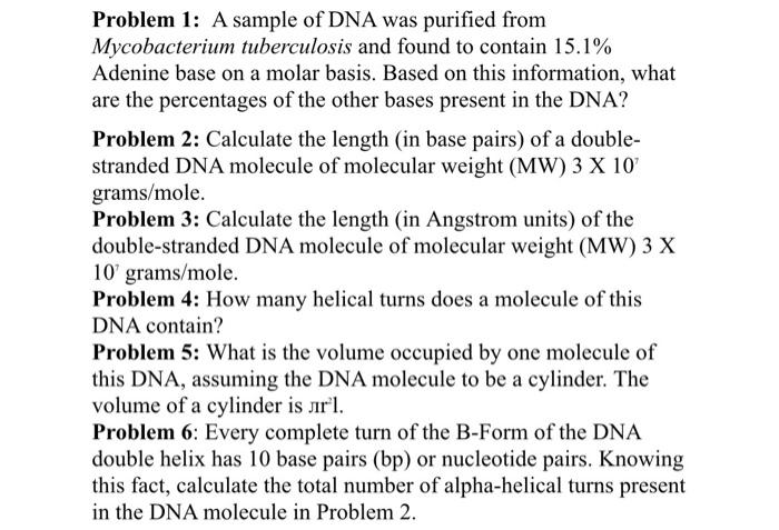Solved Problem 1: A sample of DNA was purified from | Chegg.com