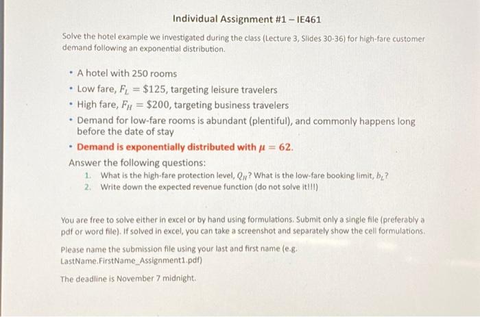 Solved Individual Assignment \#1 - IE461 Solve the hotel | Chegg.com
