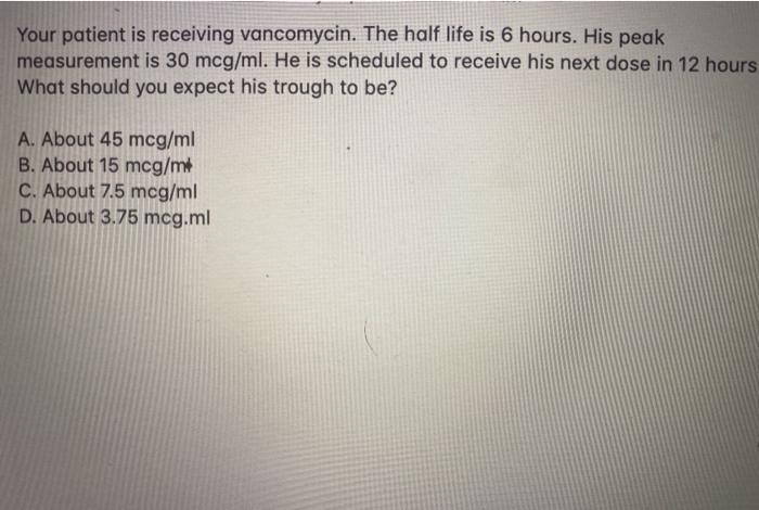 Solved Your patient is receiving vancomycin. The half life | Chegg.com