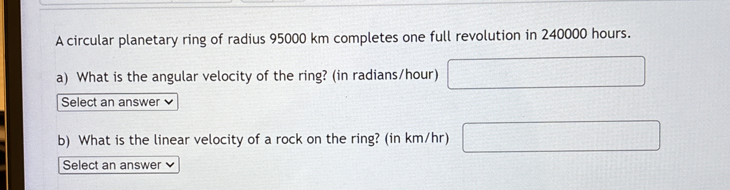 Solved A circular planetary ring of radius 95000 ﻿km | Chegg.com