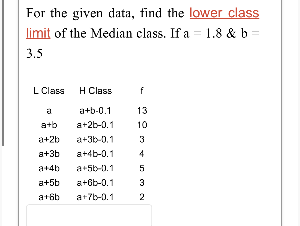 Solved For the given data, find the lower class limit of the | Chegg.com