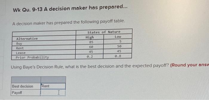 Solved Wk Qu. 9-13 A decision maker has prepared... A | Chegg.com Solved Wk Qu. 9-13 A decision maker has prepared... A | Chegg.com
