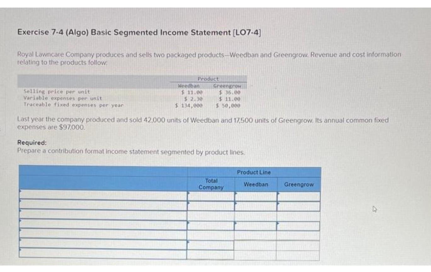 Solved Exercise 7-4 (Algo) Basic Segmented Income Statement | Chegg.com
