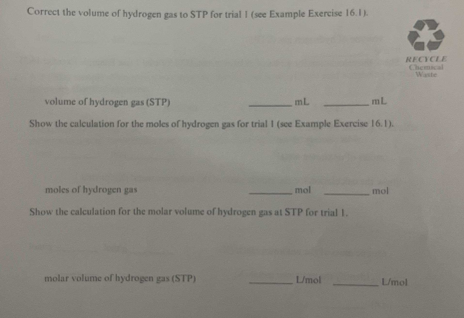 Solved Correct the volume of hydrogen gas to STP for trial I | Chegg.com