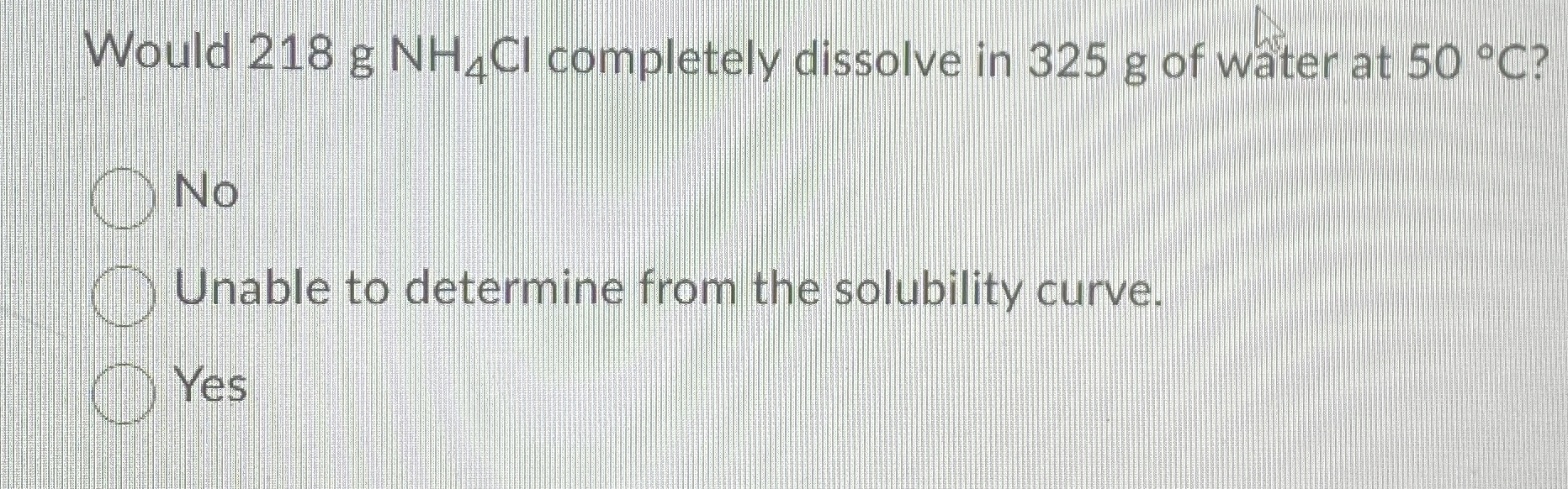 Solved Would 218gNH4Cl ﻿completely dissolve in 325 ﻿g of | Chegg.com