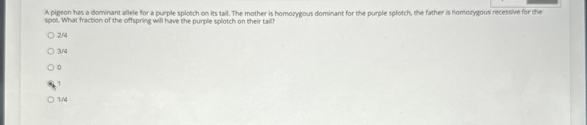 Solved A pigeon has a dominant allele for a purple splotch | Chegg.com