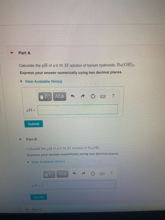 Solved Part A Calculate the pH of a 0.10 M solution of | Chegg.com