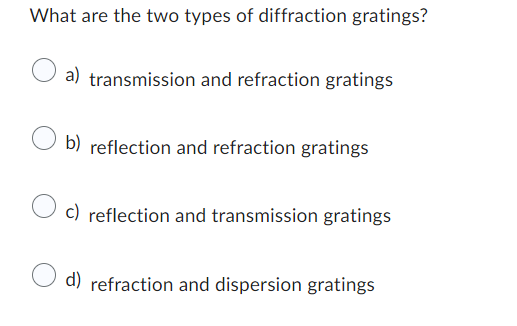 Solved What are the two types of diffraction gratings?a) | Chegg.com