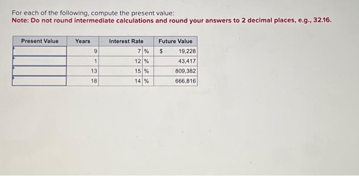 Solved For each of the following, compute the present value: | Chegg.com